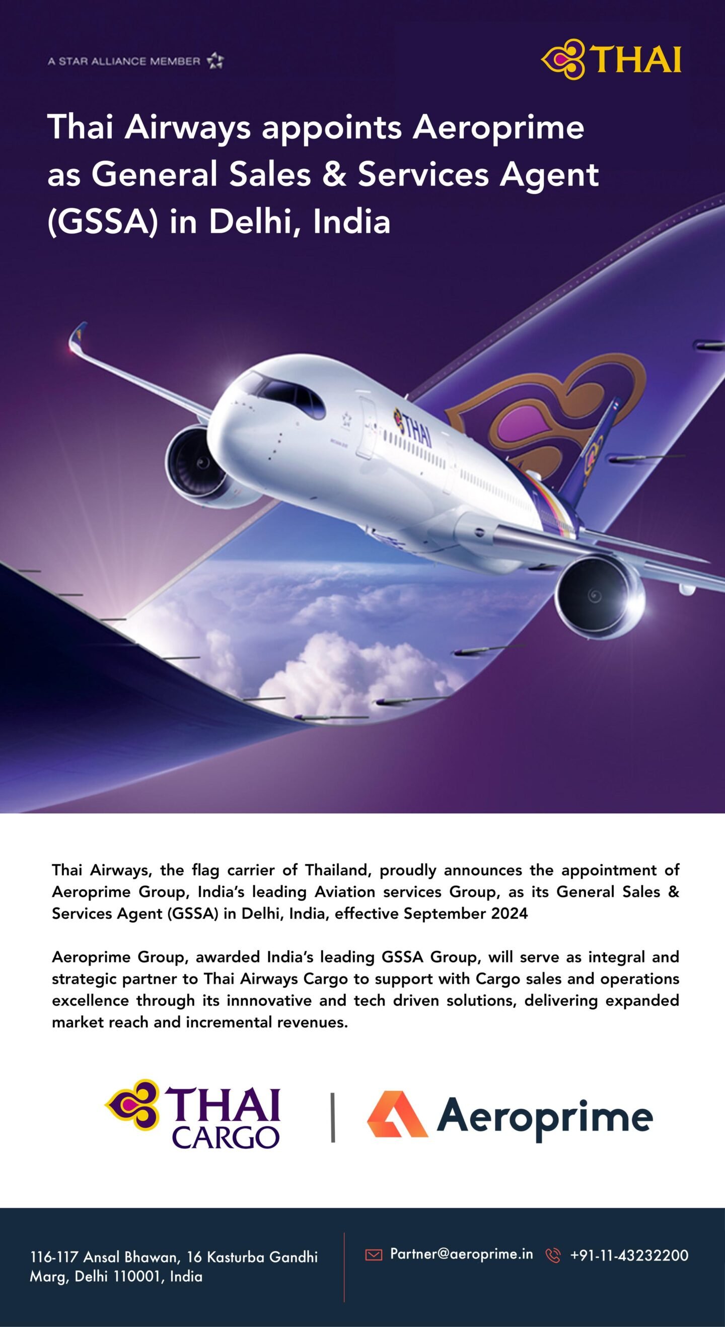 Aeroprime group appointed as the exclusive cargo GSSA for Thai Airways ...